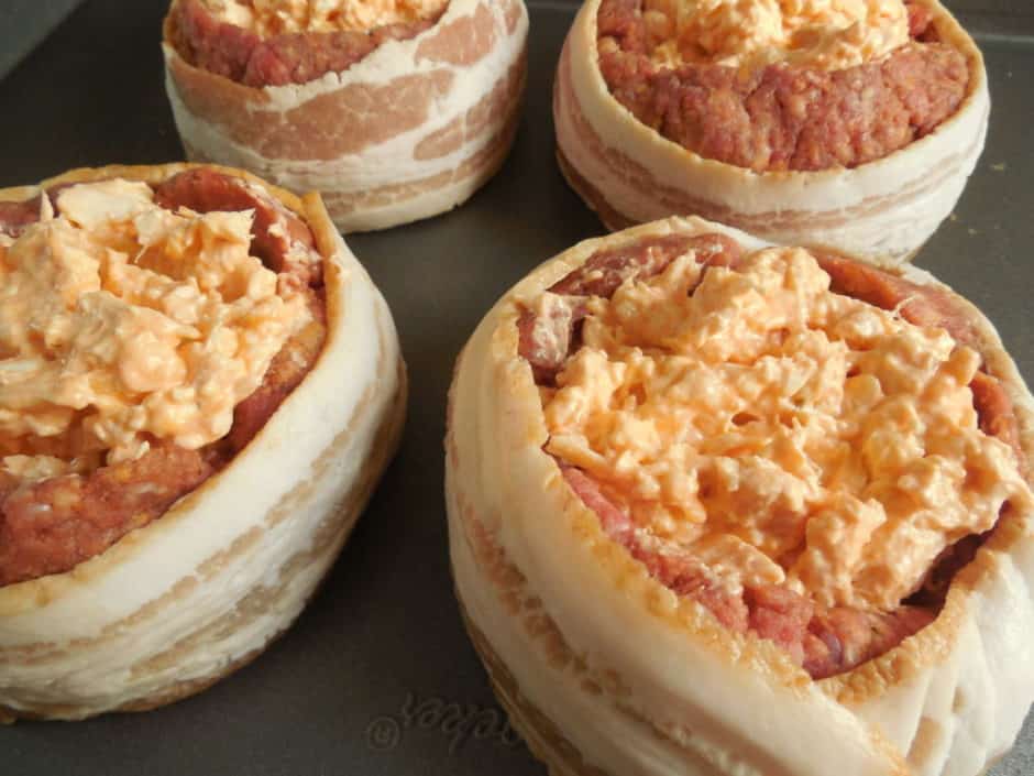 Buffalo chicken stuffed bacon wrapped beef burgers - Drizzle Me Skinny!