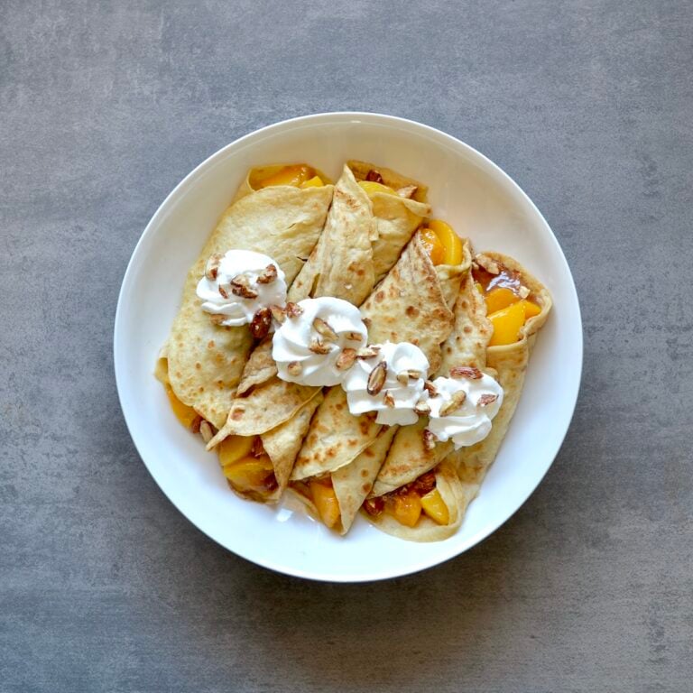 Peach Crepes with Candied Almonds - Drizzle Me Skinny!